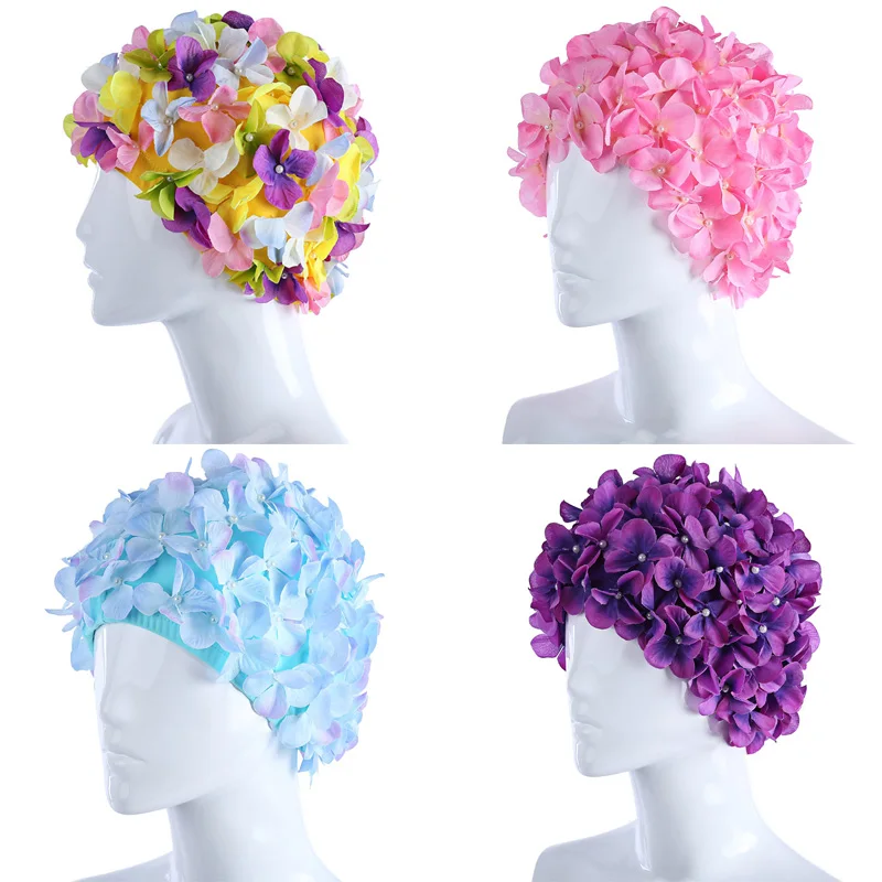 2017 Hot Handmade Pearl Colorful Flower Swimming Caps Free Size Flower ...