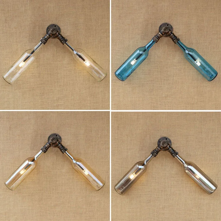 Loft wine bottle cleaar/blue/grey wall scone light lamp E27 Edison bulb ...