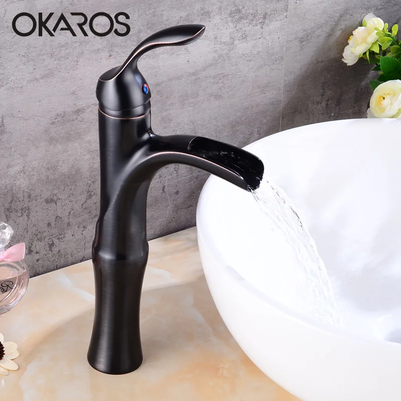 OKAROS Black Lacquered Waterfall Bathroom Basin Faucet Brass Elegant ...