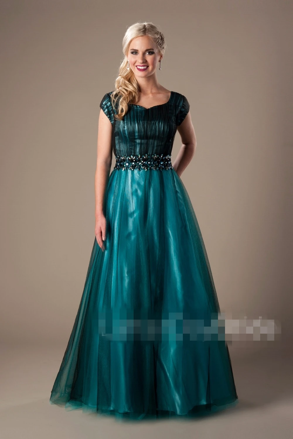 Black Turquoise Long Modest Prom Dresses 2019 Beaded Waist Ruched Tulle ...