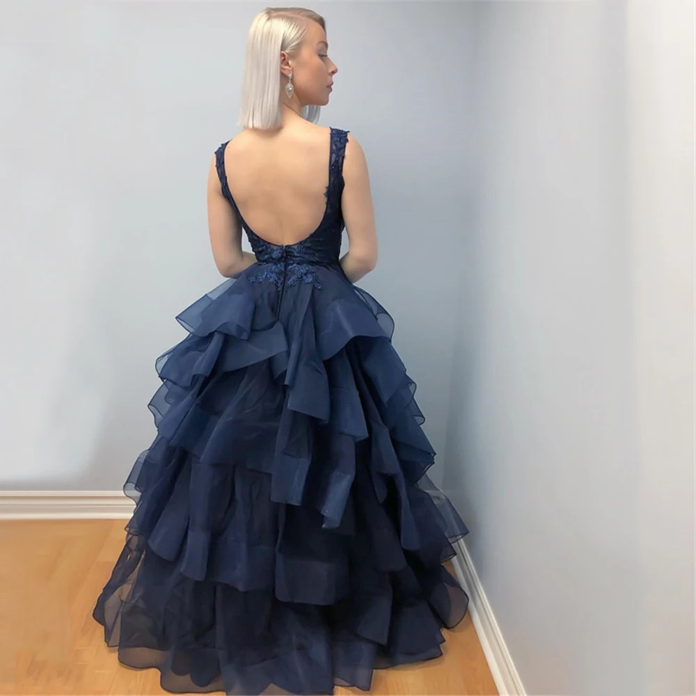 High Low V Neck Puffy Dark Navy Blue Tulle Long Prom Dresses High Low
