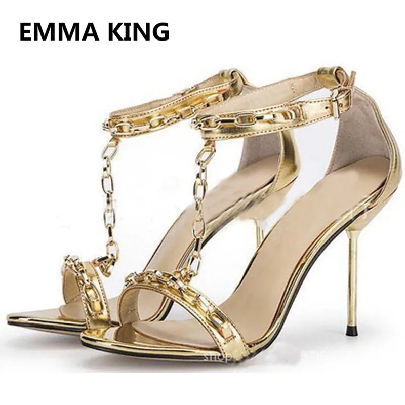 New Gold Chain Design Women Gladiator Sandals Open Toe Metal Heel Sexy ...