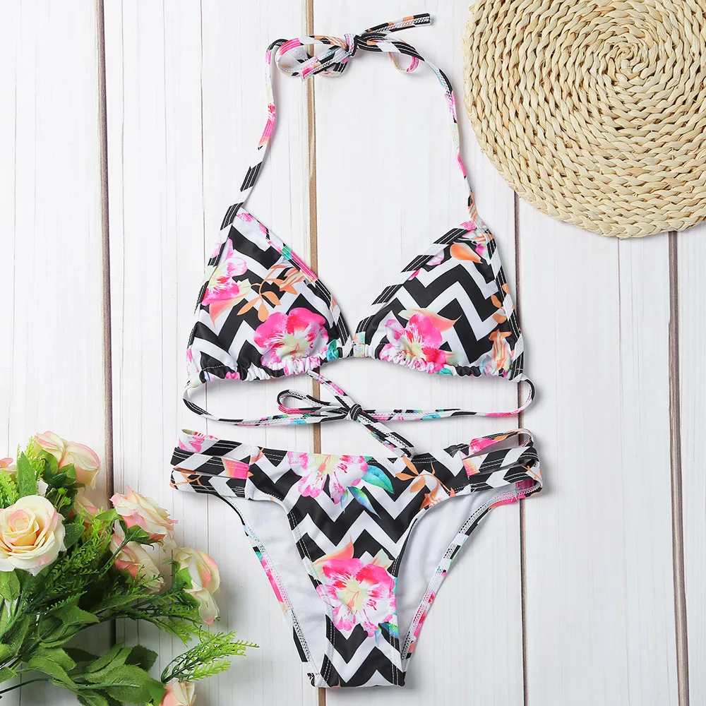 Swimwear Biquini Women Sexy Halter Neck Spaghetti Strap Floral Print