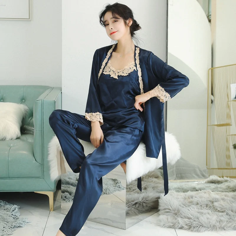 New Big Size Ladies Pajama Set Bathrobe Deep V Neck Nighties Set Sexy