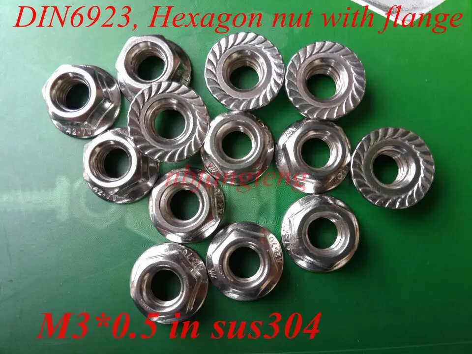 100 stks/partij, DIN6923 M3 metrische draad 304 rvs hex flens moer ...