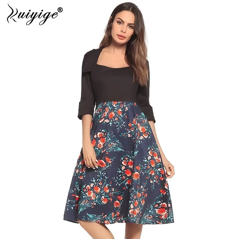 Ruiyige Vintage Floral Print Midi Dress Patchwork Pleated Ball Gown