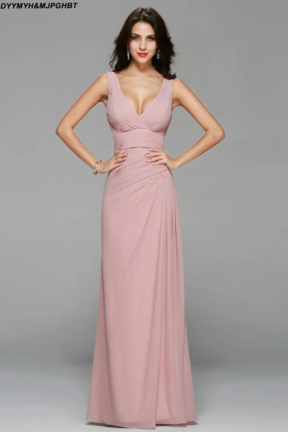 Simple and Elegant Pink Bridesmaid Dresses Long V Neck with Two Strap ...
