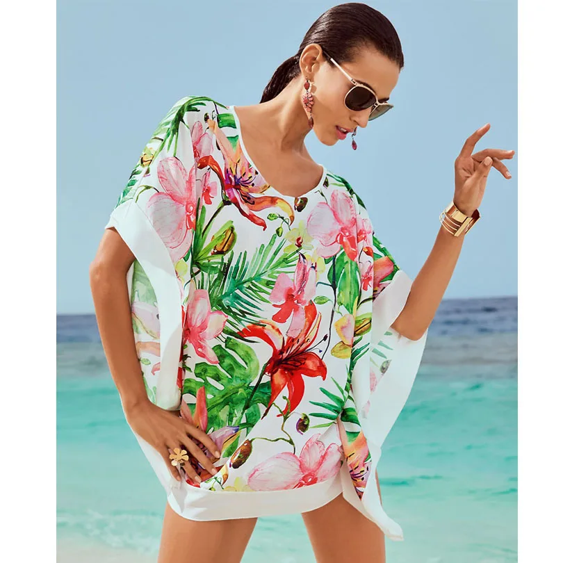 Bikini Cover Ups Chiffon Print Lily Flower White Edge Loose Beach Skirt