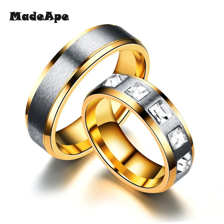 MadApe Trendy CZ Couple Wedding Ring Gold color Lover's Engagement Ring ...