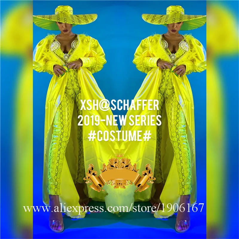 최신 섹시한 레이디 노란색 큰 망토 진주 뱀 가죽 전체 점프 슈트 의상, 댄스 팀 무대 공연 onesies 모자|글로우 파티 ...