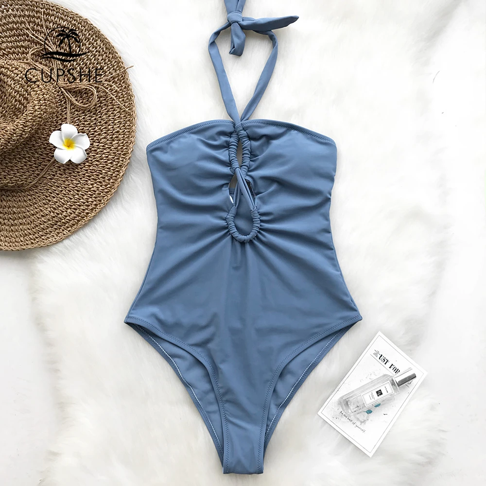 Cupshe Cherry Blue Halter Solid One Piece Swimsuit Women Plain Cut Out