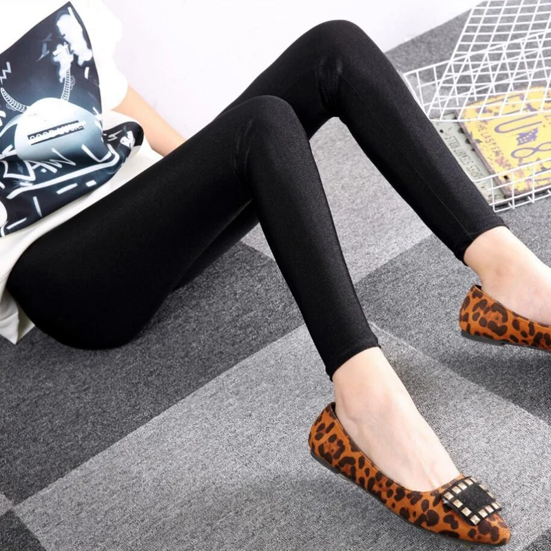 NDUCJSI High Waist Shiny Leggins Women Casual Leggings Black Elasticity Slim Solid Female Simple ...
