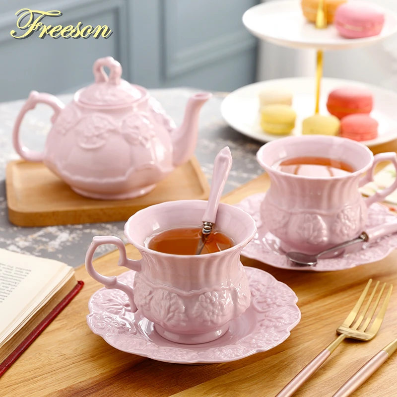 Elegant Pink Ceramic Tea Set Retro Porcelain Tea Cup Pot British Floral ...