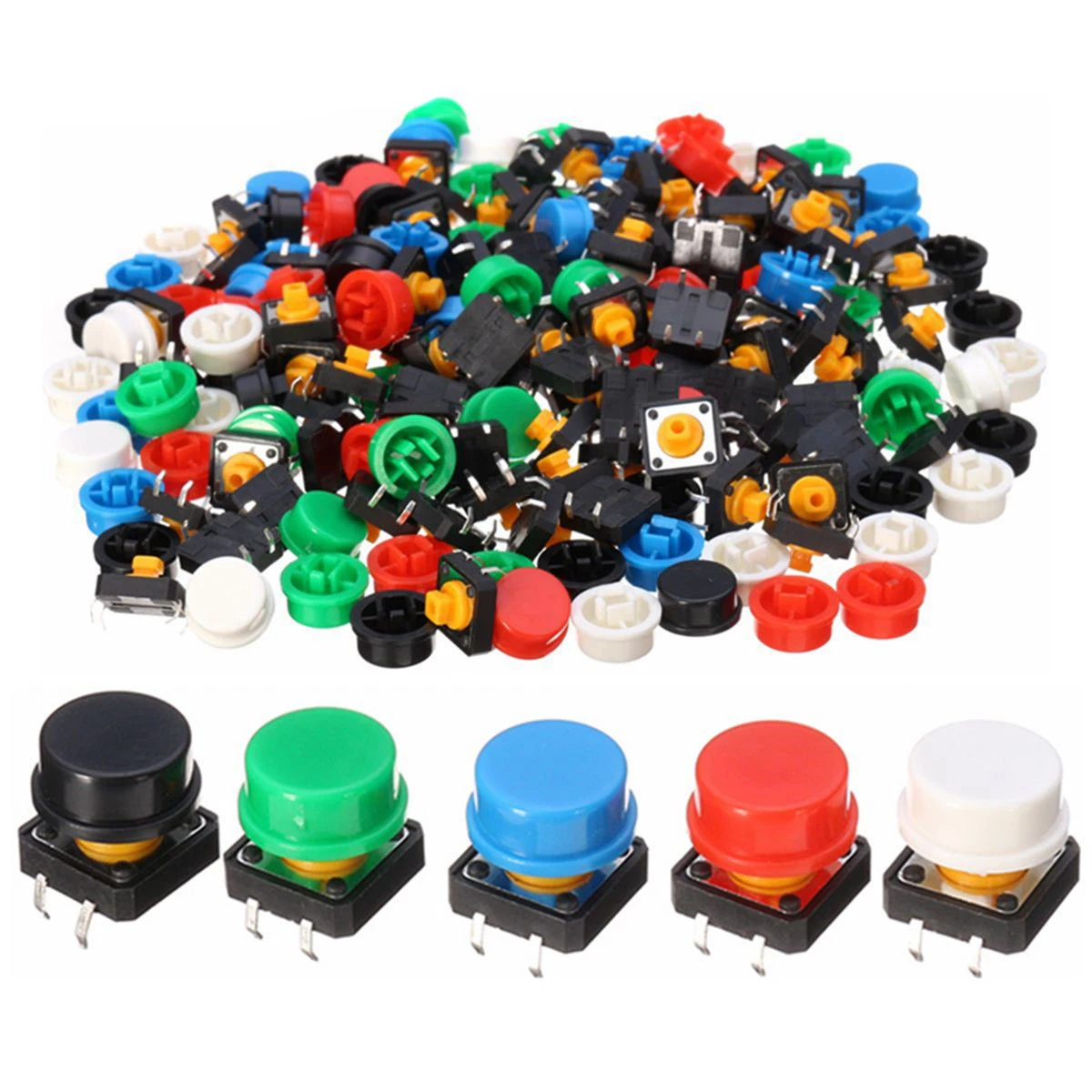100pcs Plastic Tactile Switch Pcb Tact Push Button Momentary Switch 4 Pins 5 Color Button Cap