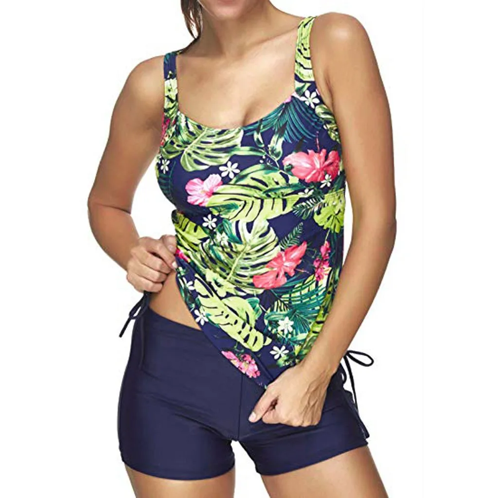 Klv Womens Sexy Floral Print Swimwear Tankini Set Bathing Swimdress
