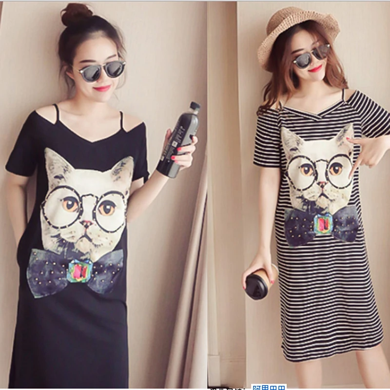Plus Size casual dress summer women cotton dresses black stripe carton ...