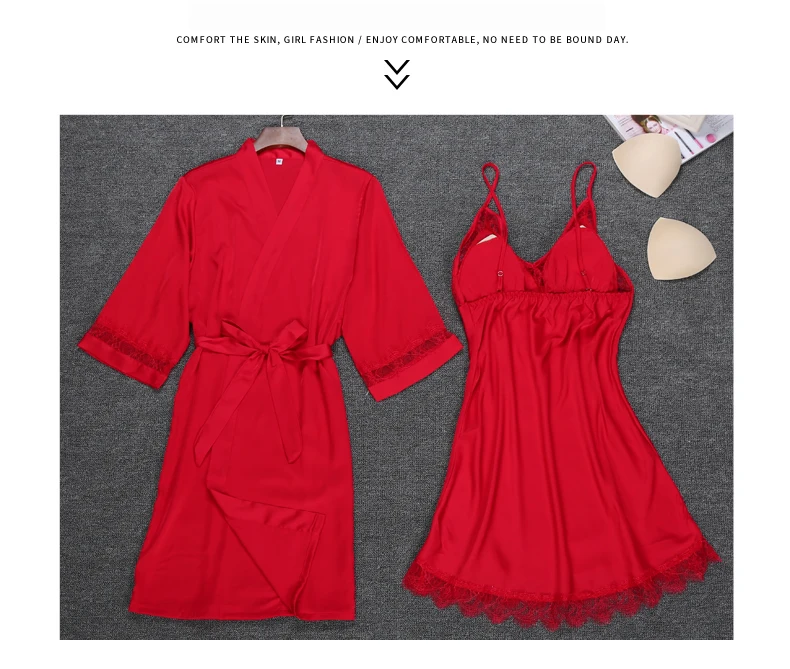 Ladies Sexy Silk Satin Robe Gown Set Lace Bathrobe Set 2 Pieces Solid
