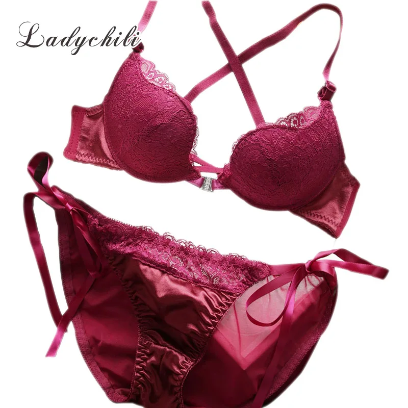 Luxury Lace Embroidery Satin Front Closure Bra Set Sexy Bra And Thong