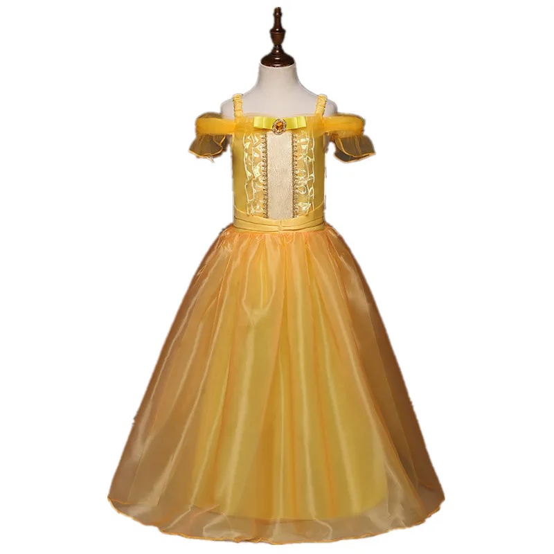 2017 Girls Cartoon Fancy Dress Kids Yellow Off Shoulder Princess Party ...