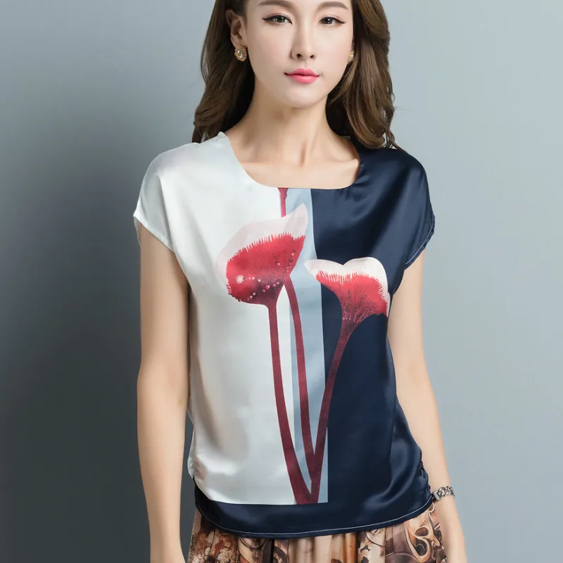 2017 Summer Plus size big women's silk tops flower print silk blouses ...