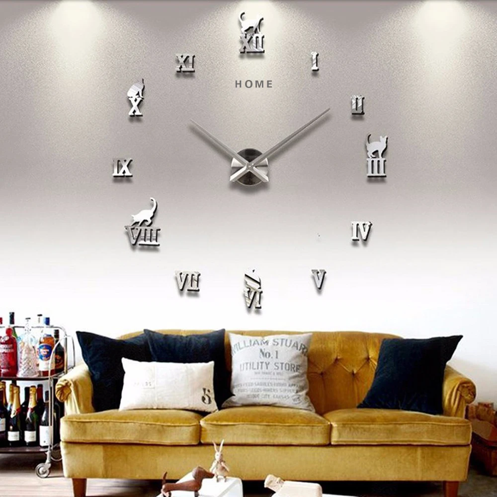 Cat Large Wall Clock Silent 3D DIY Kitchen Clocks Roman Numerals ...