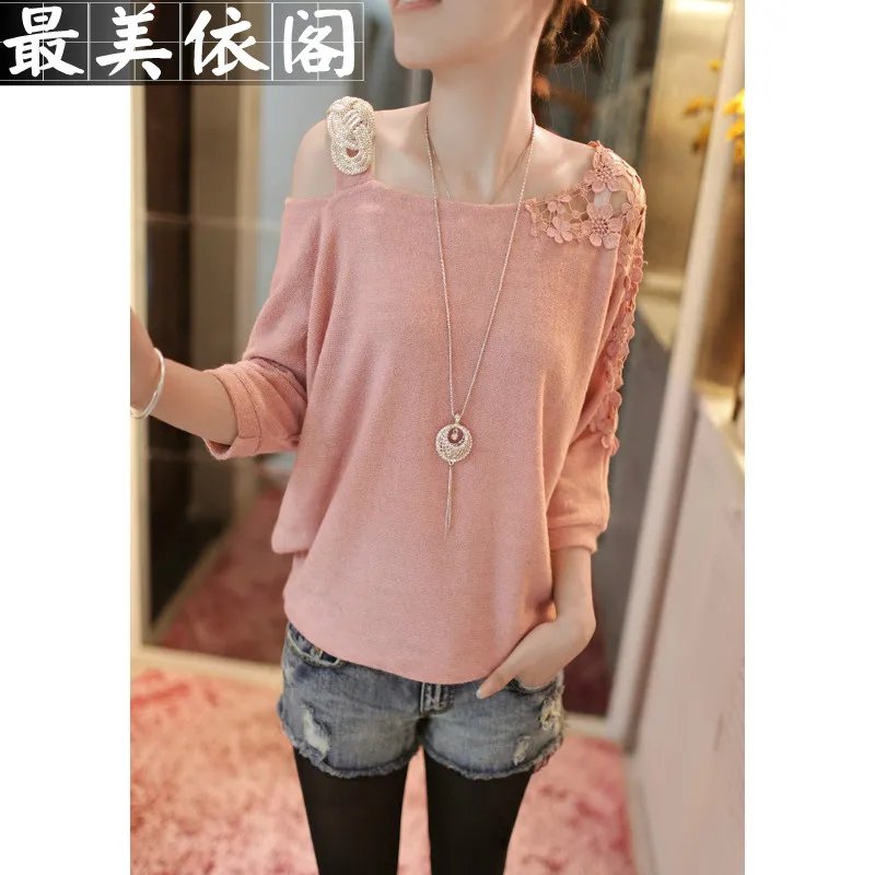 Women's autumn trend loose solid color strapless embroidery pullover ...