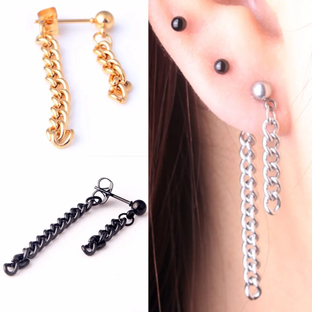 1pcs Gold Silver Black Chain Stud Ear Rings Tunnel Piercing Personality ...