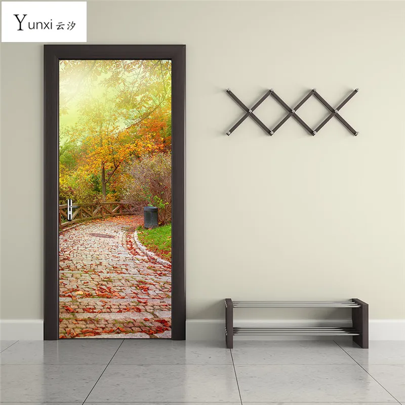 YunXi 3D Door Stickers Fall Leaves Stone Road Wall Sticker Diy Mural ...