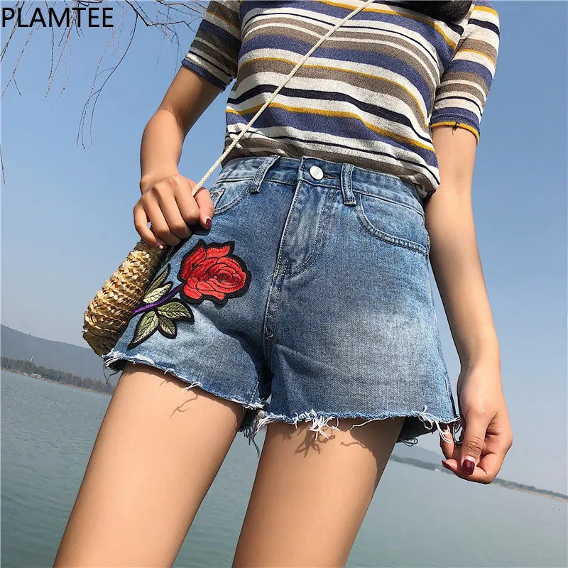 PLAMTEE Female Vintage Embroidered Floral Jeans Shorts Women Hot Summer ...