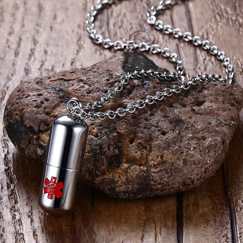Mens Necklaces Stainless Steel Open Pills Medical Alert Pendant Chokers ...