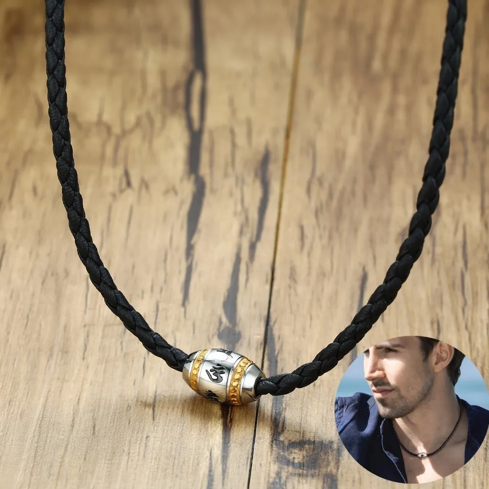 Men Necklace Black Braided Leather with Stainless Steel Beaded Choker ...