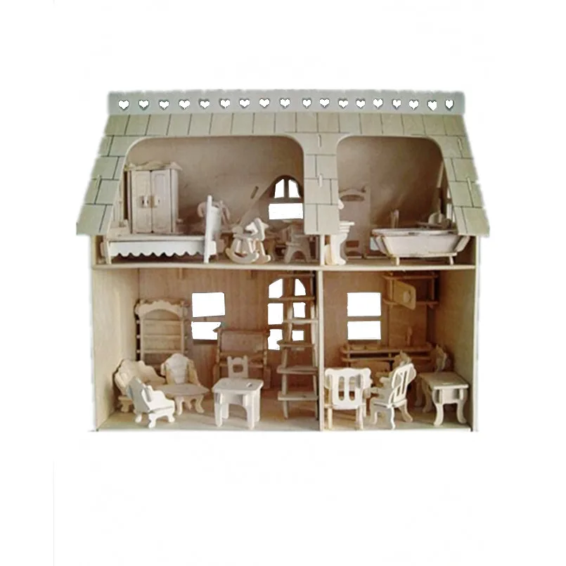 Educational 3D Wooden Miniature Toy House, DIY Wood House With 34pcs ...