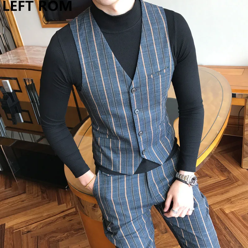 Left Rom Mens Double Breasted Vest Men Dress Suit Vest Men Formal Grey