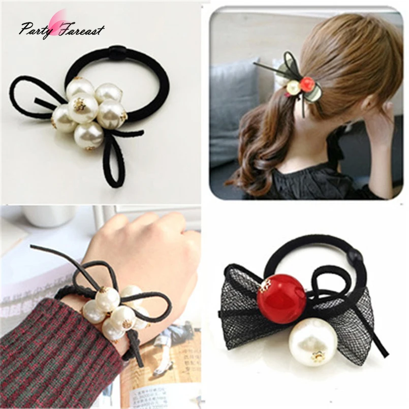 Pf Bowknot Elastic Hair Bands For Girls Women White Red Pearls