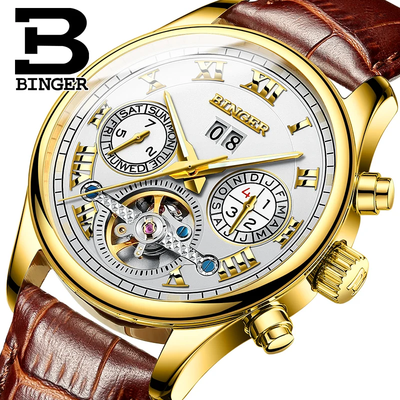 Free Shipping Binger Luminous Mechanical Watch Men Genuine Leather ...