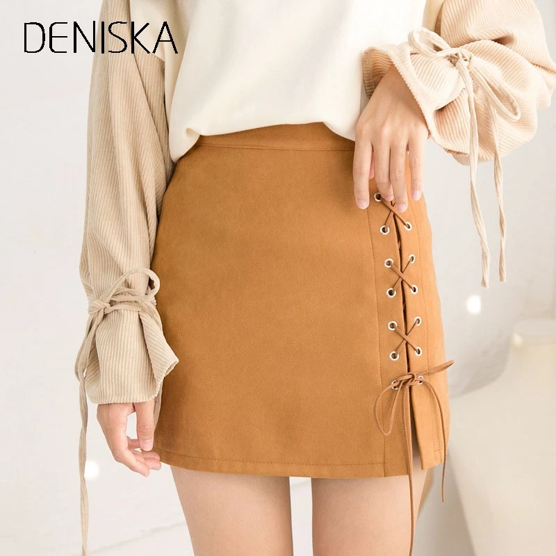 Deniska Autumn Lace Up Leather Suede Pencil Skirt Winter 2018 Cross High Waist Skirt Zipper