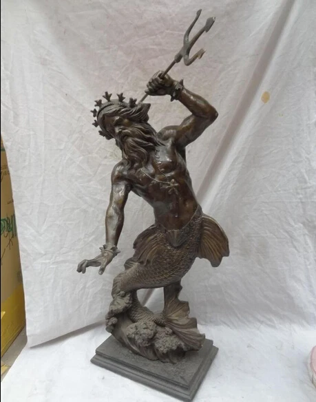 28" Chinese Bronze Art Davy Jones Nereus Mermaid Sea Fish God Statue ...