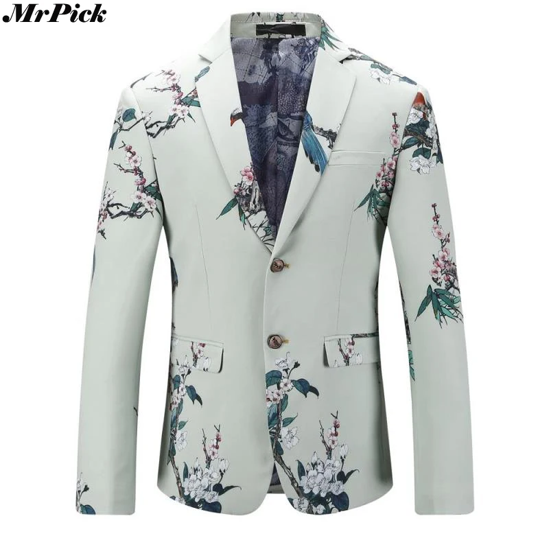 2018 Spring Autumn Printed Men Blazer Fashion Designer Brand Floral