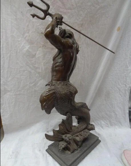 28" Chinese Bronze Art Davy Jones Nereus Mermaid Sea Fish God Statue ...