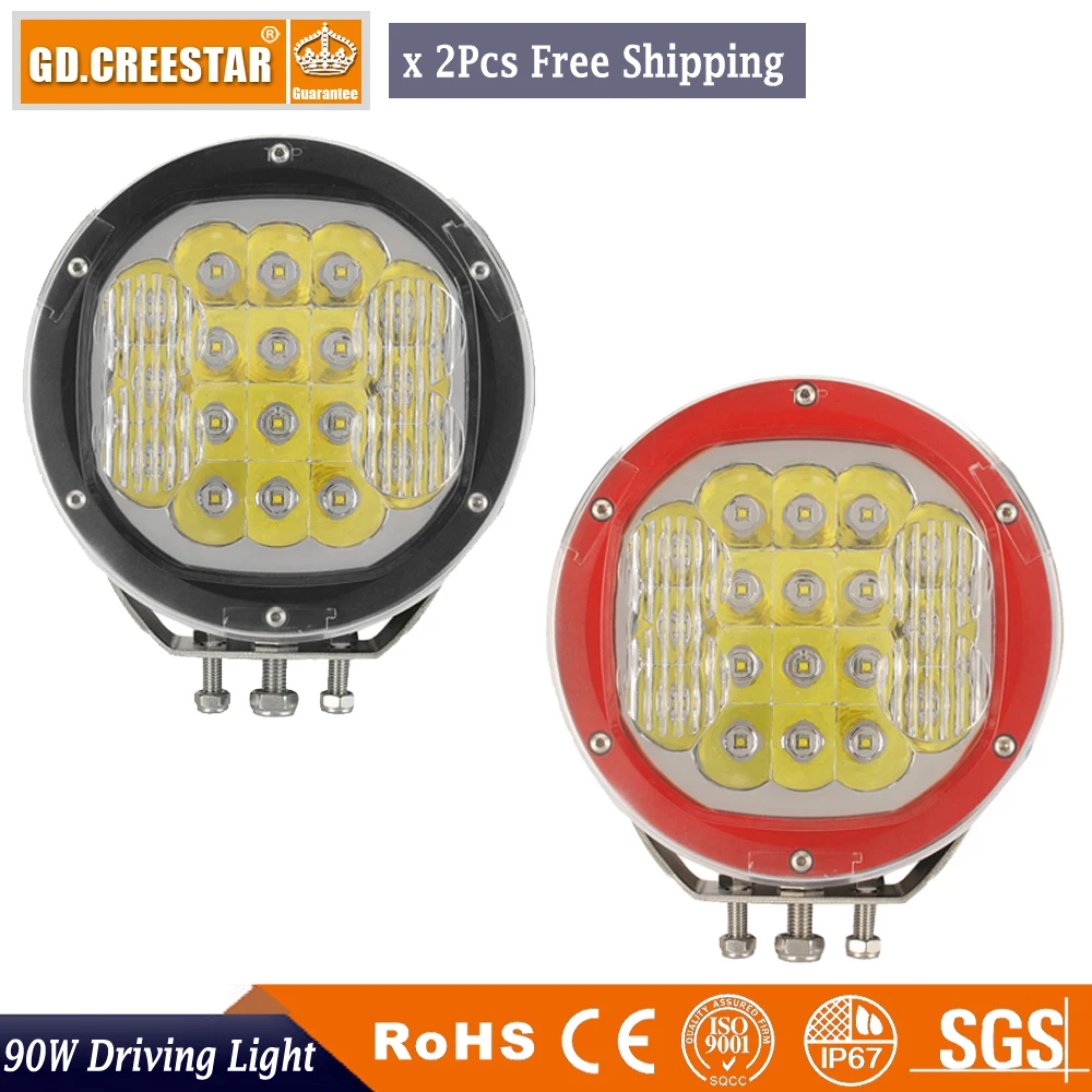 90Watts 7inch round LED Driving Light Black Red 12V OffRoad Led Work ...