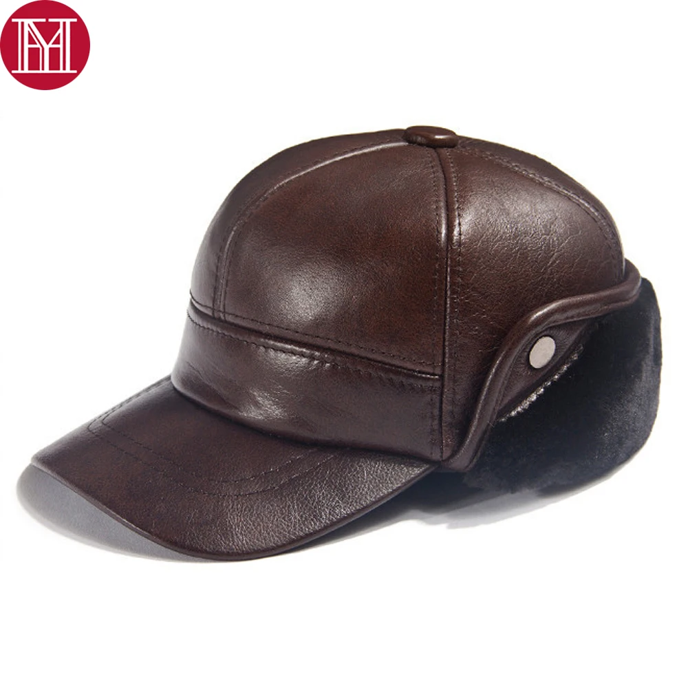 New Winter Men Real Leather Earlap Hats Warm Male 100% Real Genuine ...
