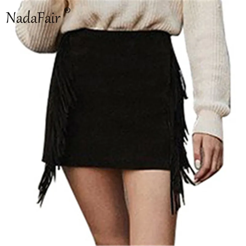 Nadafair Black Leather Suede Skirts Women Tassel A Line Casual Mini