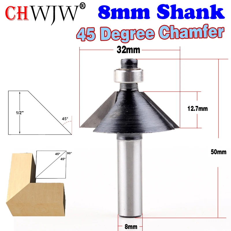 1pc 8mm Shank High Quality 45 Degree Chamfer & Bevel Edging Router Bit ...