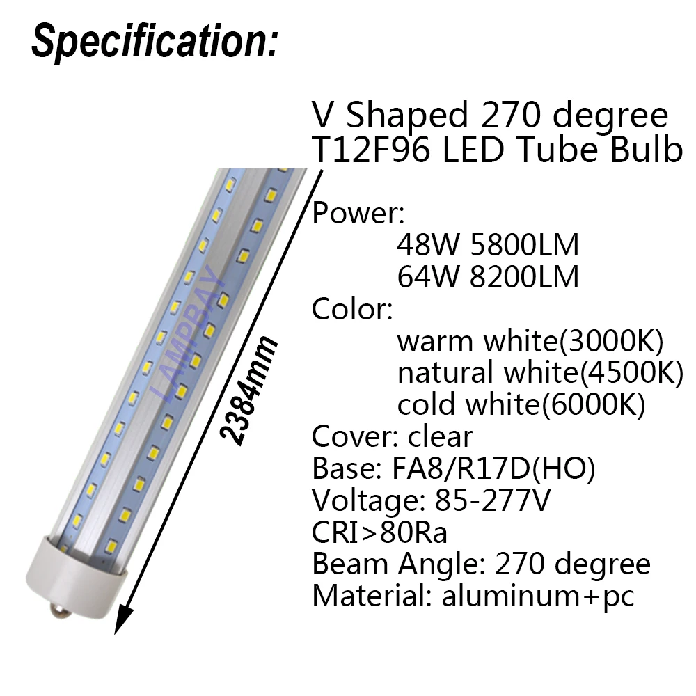 V Shaped 8ft 2.4m LED Tube Light 48W 64W Single pin FA8 R17D HO F96 T8T10T12 Fluorescent Lamp ...