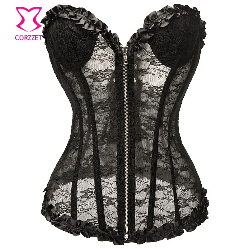 Sexy Hollow Out Floral Lace Sexy Zipper Corset Black Bustier Burlesque
