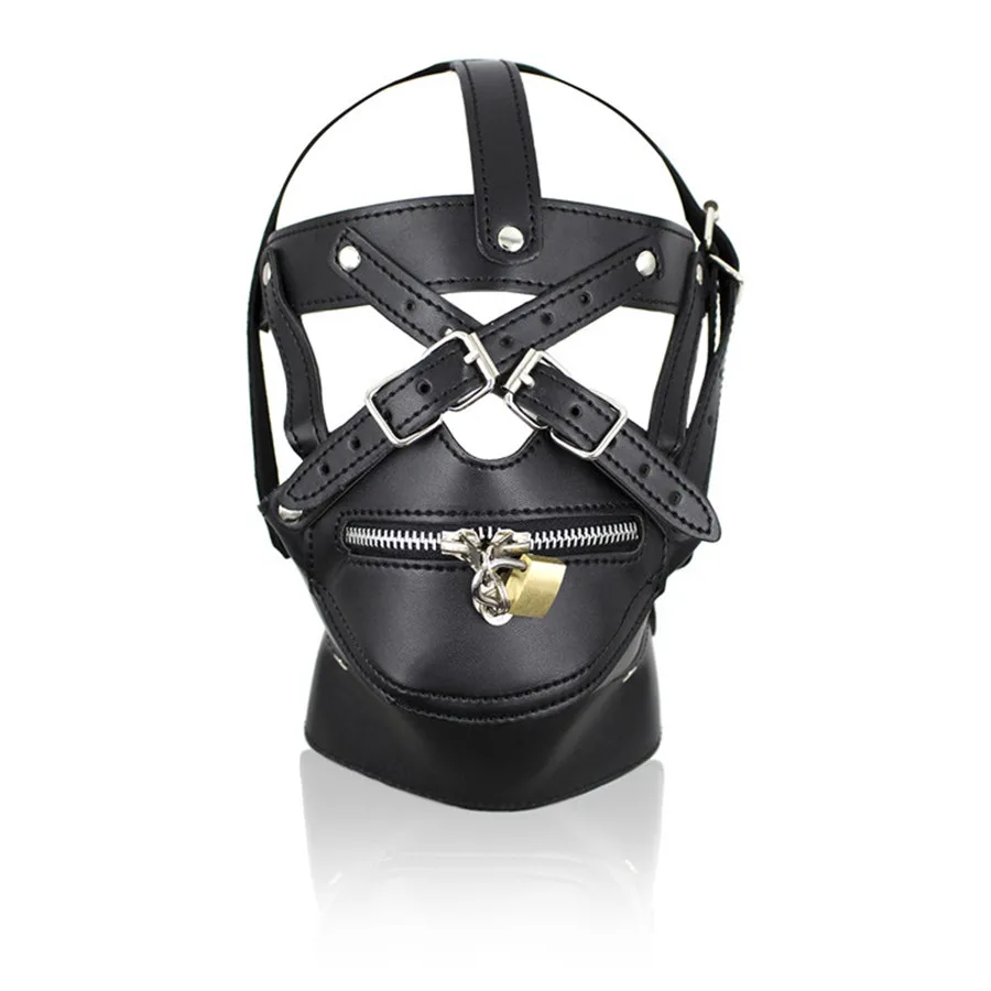 Sexy Fetish Bondage Mask Hood With Lock Zipper Mouth Latex Faux Leather