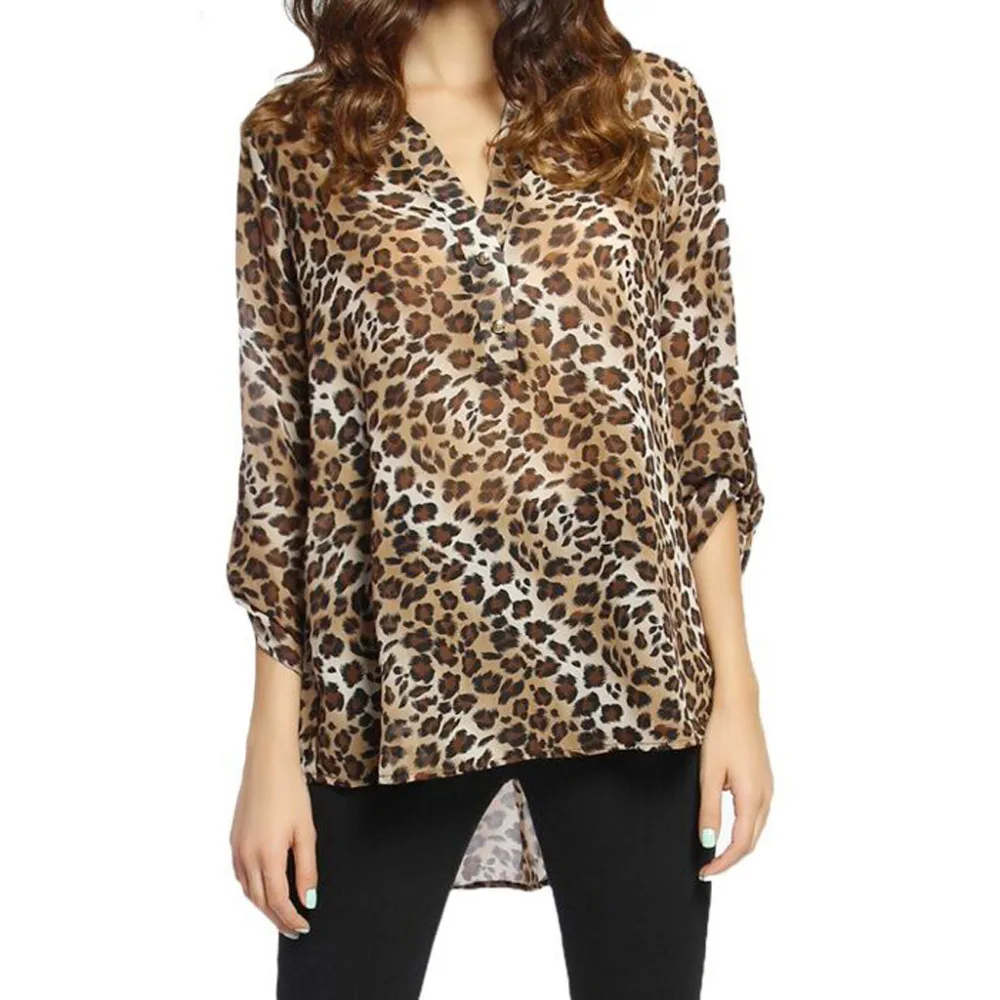 Spring Women Tops Sexy Mesh Blouses Leopard Print Casual Top V Neck