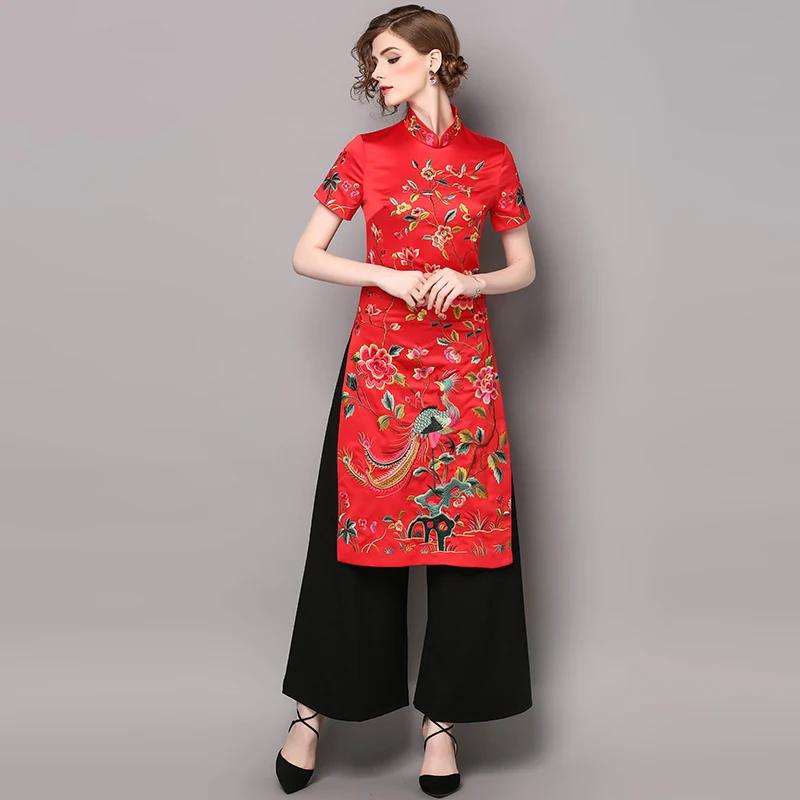 Chinese Traditional Style Cheongsam Collar Embroidered Wide Pants Two ...