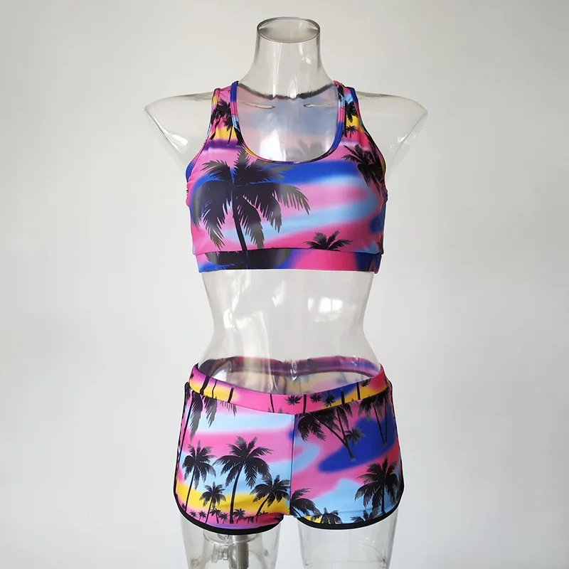 Coconut Tree Printed Bikinis Set Women Sport Swimwear Bandeau Swimsuit