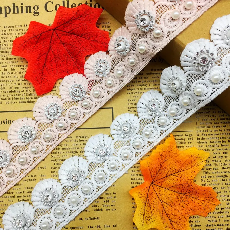 GXINUG 1 Yard Shell Embroidered Dot Pearl Lace Trim Fabric Soluble Lace ...